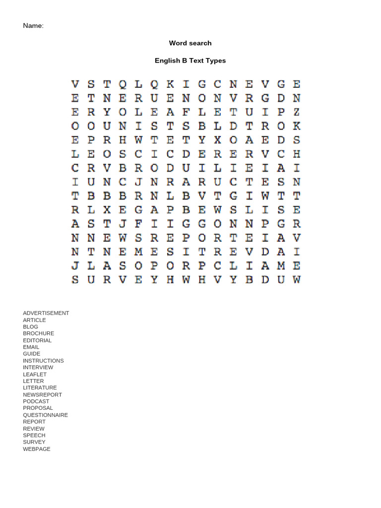 Word Search: English Text Types List | PDF | Foreign Language Studies