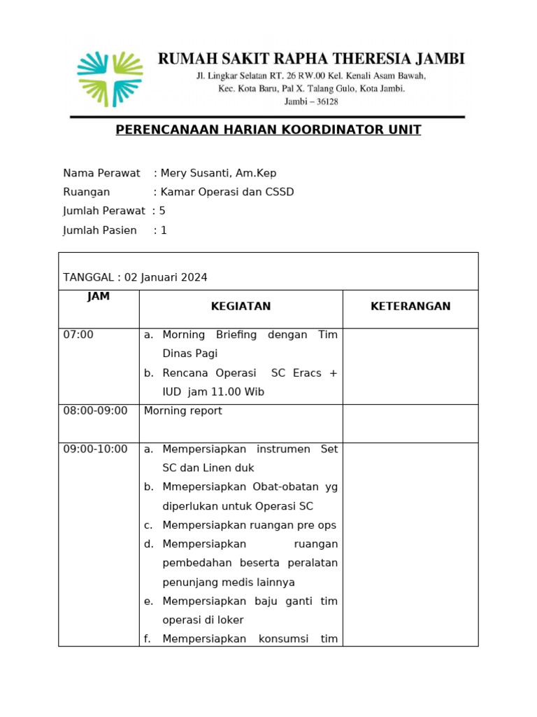 Rencana Harian Koordinator Unit - Docx Periode Januari 2024 | PDF