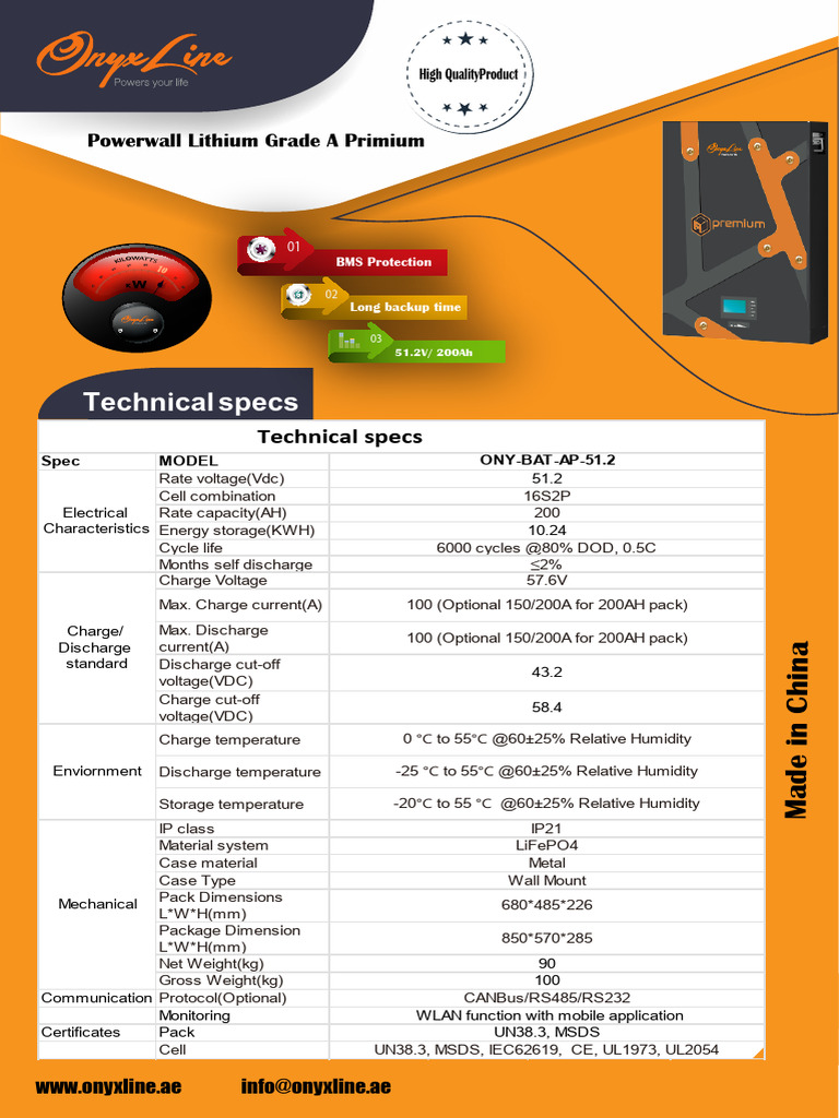 Onyxline Battery Grade A Premium 10KW 51.2A 200A | PDF | Energy Technology | Electric Power