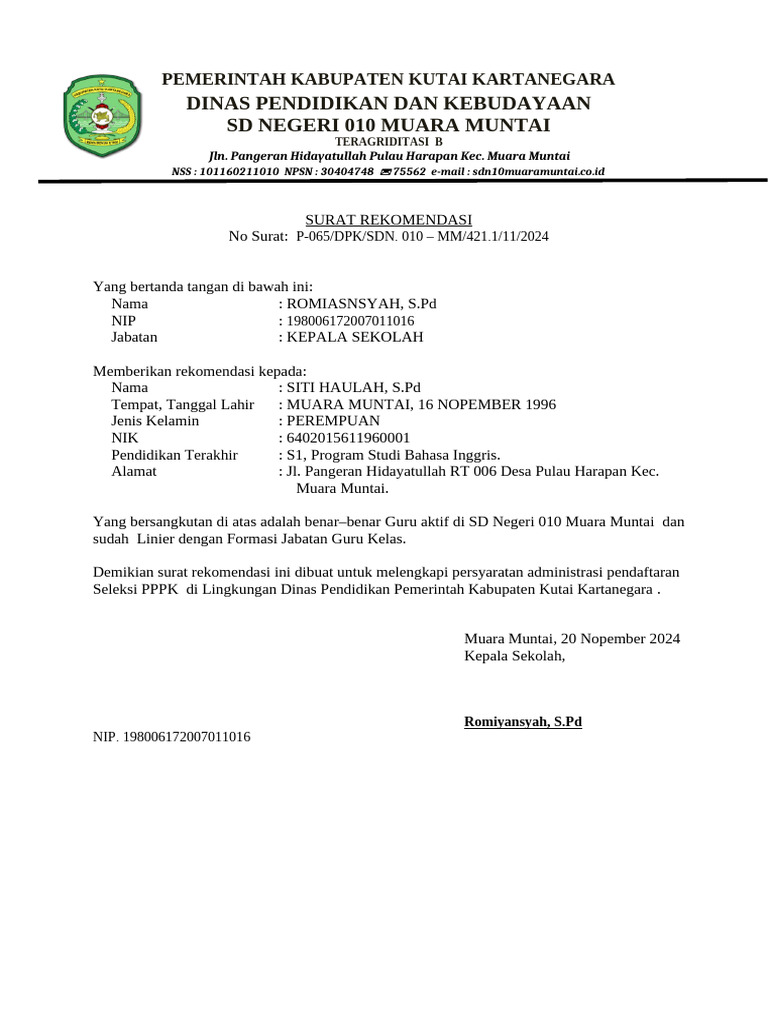 Surat Rekomendasi Kepala Sekolah Guru | PDF