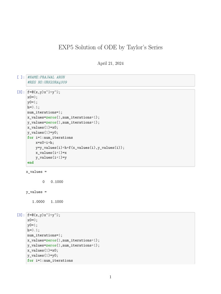 EXP5 Solution of ODE by Taylor's Series | PDF