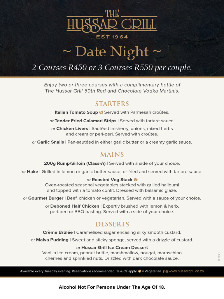 Hussar Grill A5 Date Night Menu | PDF | Cooking, Food & Wine