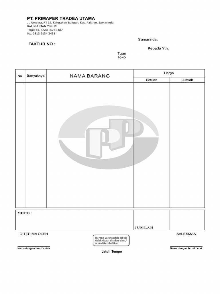 Form Invoice Panjang Dan Pendek Ptu Kaltim | PDF