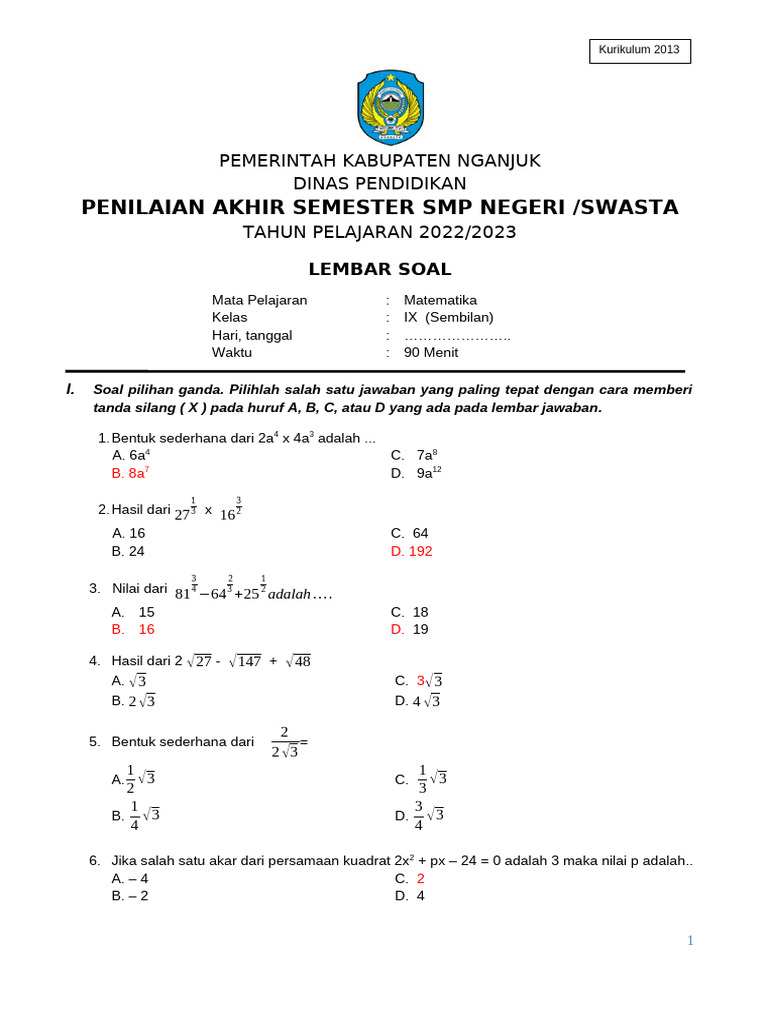 Soal PAS Ganjil K13 Kelas 9 TP 2022-2023 E | PDF