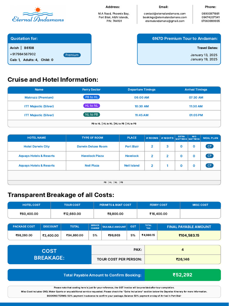 B6108 Avish 6N7D Premium Andaman Tour Final | PDF | Service Industries | Payments