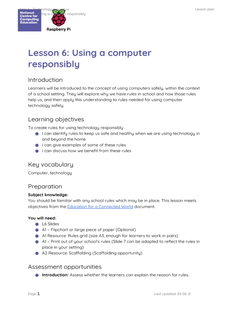 L6 Lesson Plan - Technology Around Us - Y1 | PDF | Lesson Plan | Cognition