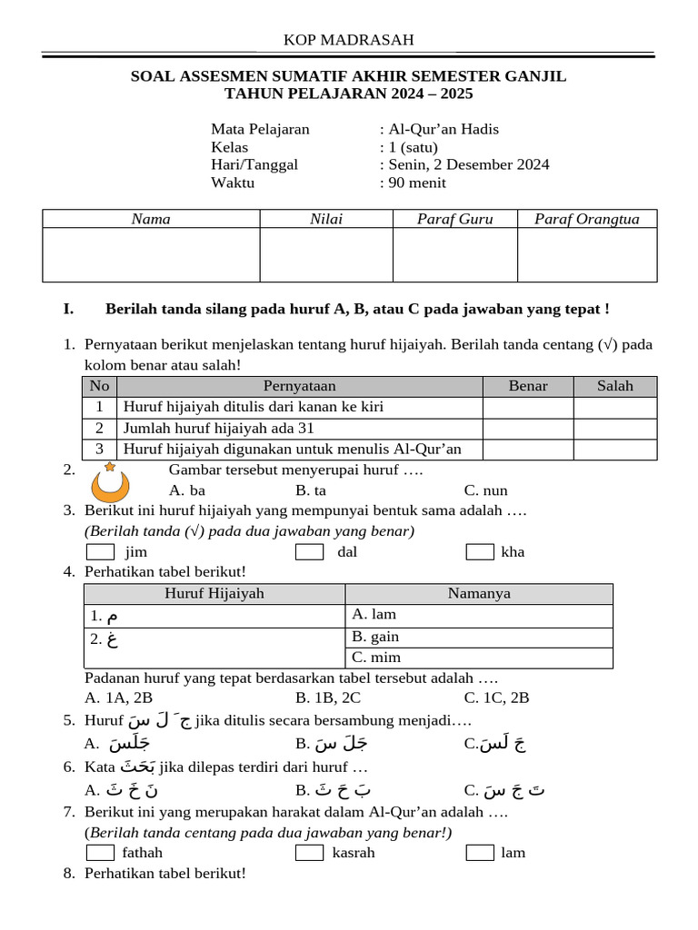 Soal SAS Ganjil Alquran Hadits Kurmer | PDF