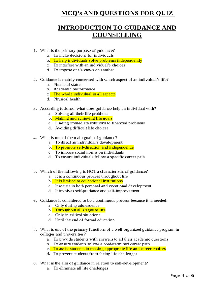 Guidance and Counselling MCQs and Quiz | PDF | Psychotherapy | Social ...