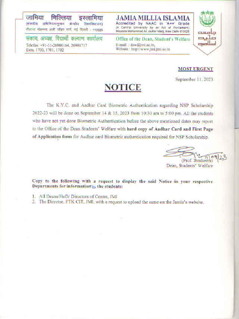 Notice DSW NSP Biometric Authentication 2023september11 | PDF