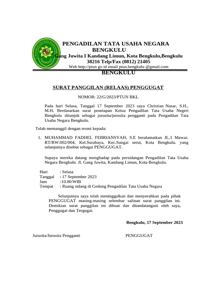 Surat Panggilan Penggugat Ptun | PDF