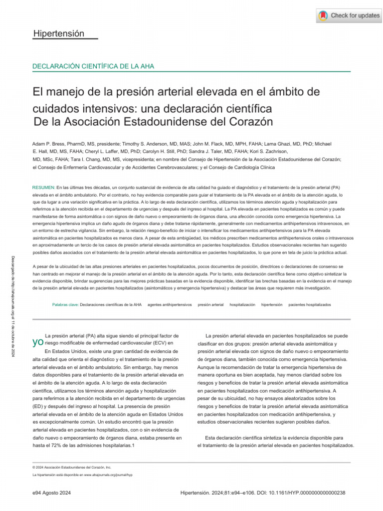 Bress Et Al 2024 The Management of Elevated Blood Pressure in The Acute Care Setting A ...