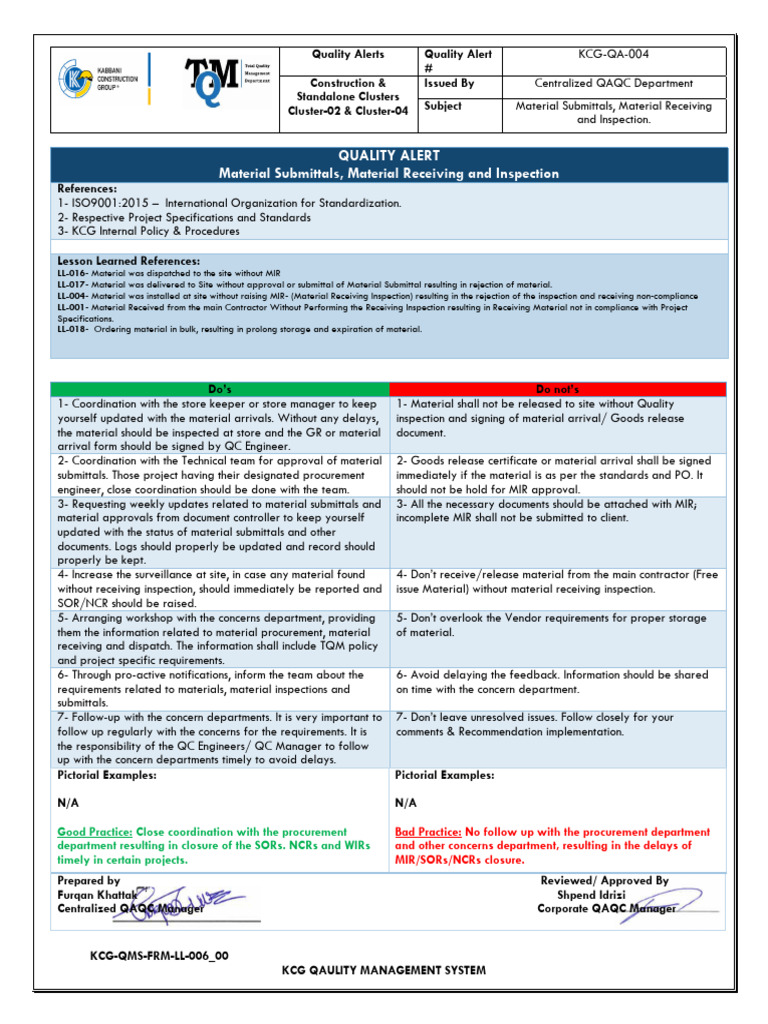 Quality Alert - KCG-QA-004 - OCT 2024 | PDF