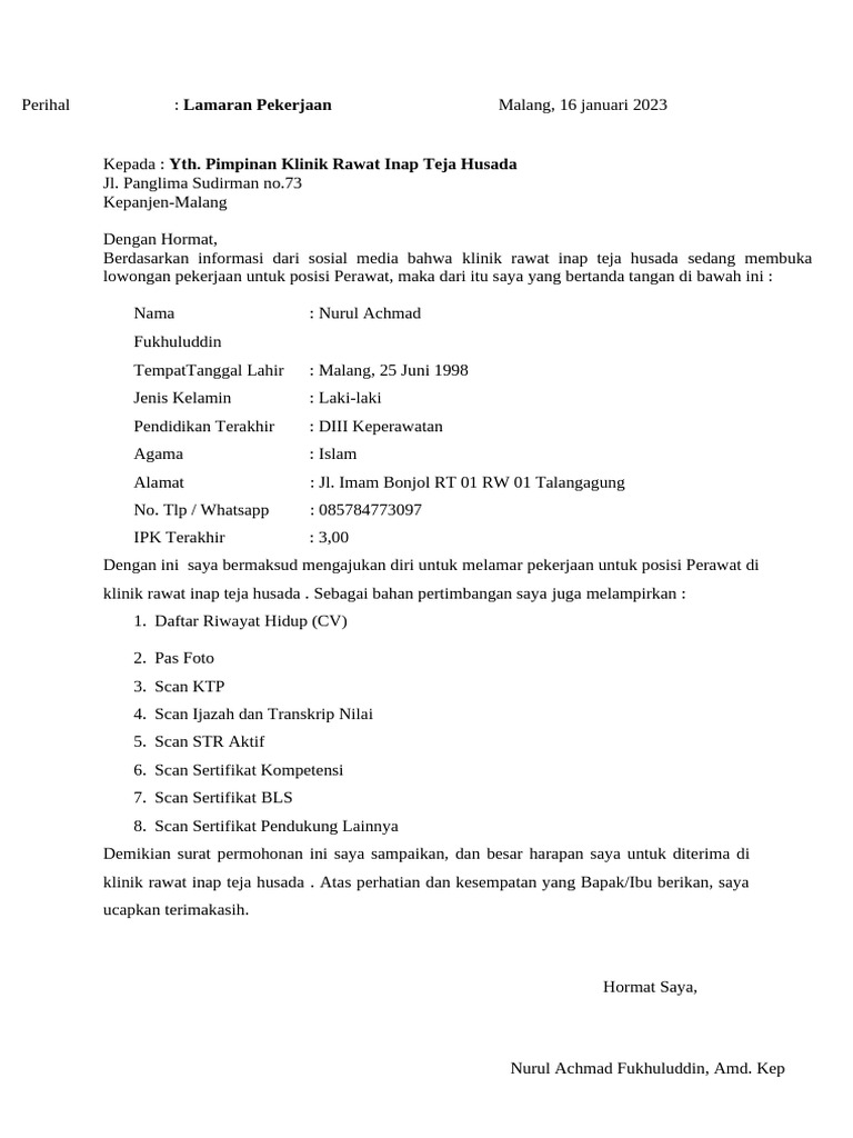 Lamaran Kerja Ahmad Fukhuluddin - Perawat (Teja Husada) | PDF