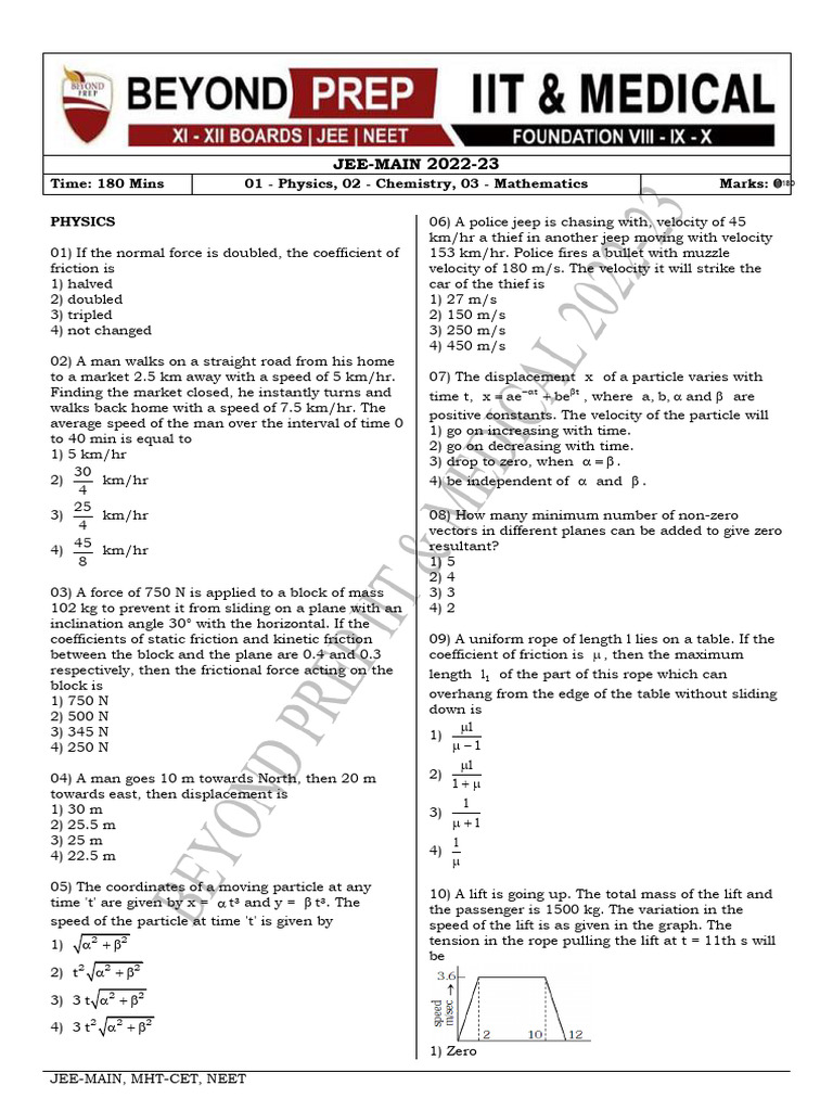 Jee Main Cummulative Paper | PDF | Force | Chemical Bond