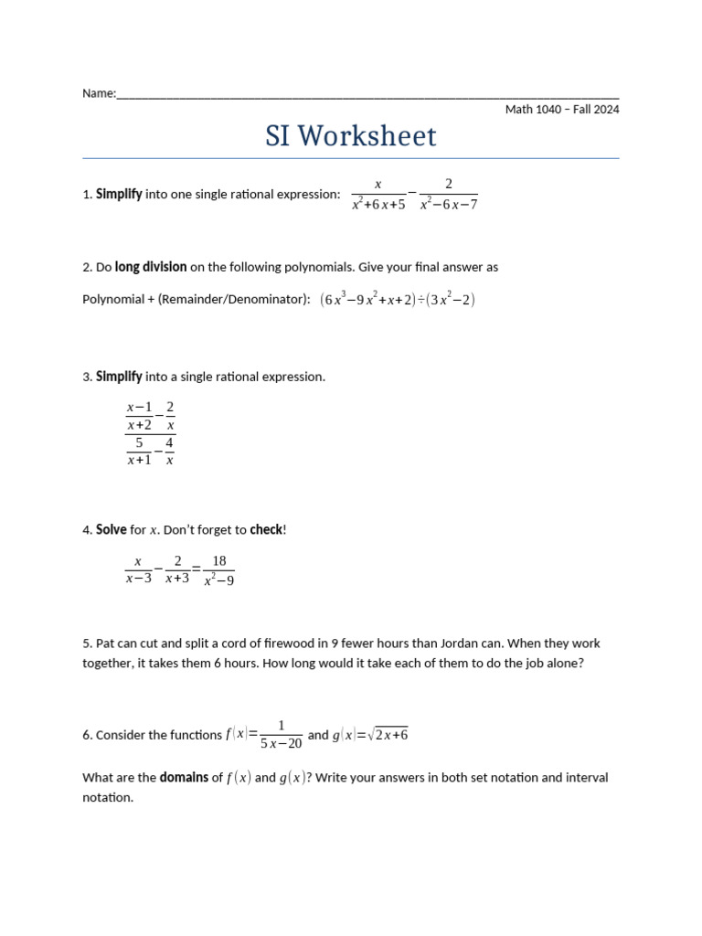 Math 1040 SI Worksheet 1 Fall 2024 | PDF | Teaching Methods & Materials ...