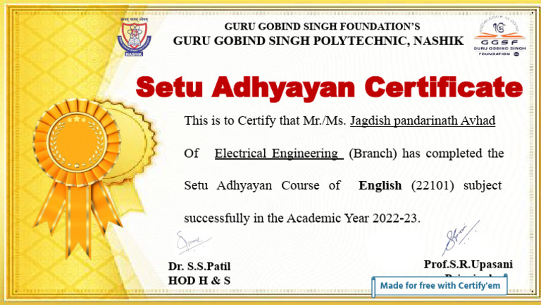 Certificate For Jagdish Pandarinath Avhad For - English Setu Adhyayan E ...