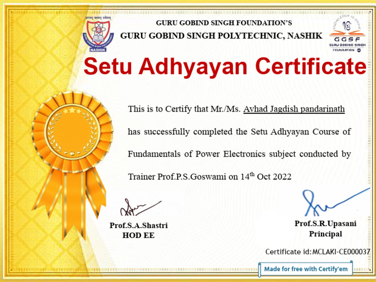 Certificate For Avhad Jagdish Pandarinath For - Setu Adyayan Course of Fund... | PDF