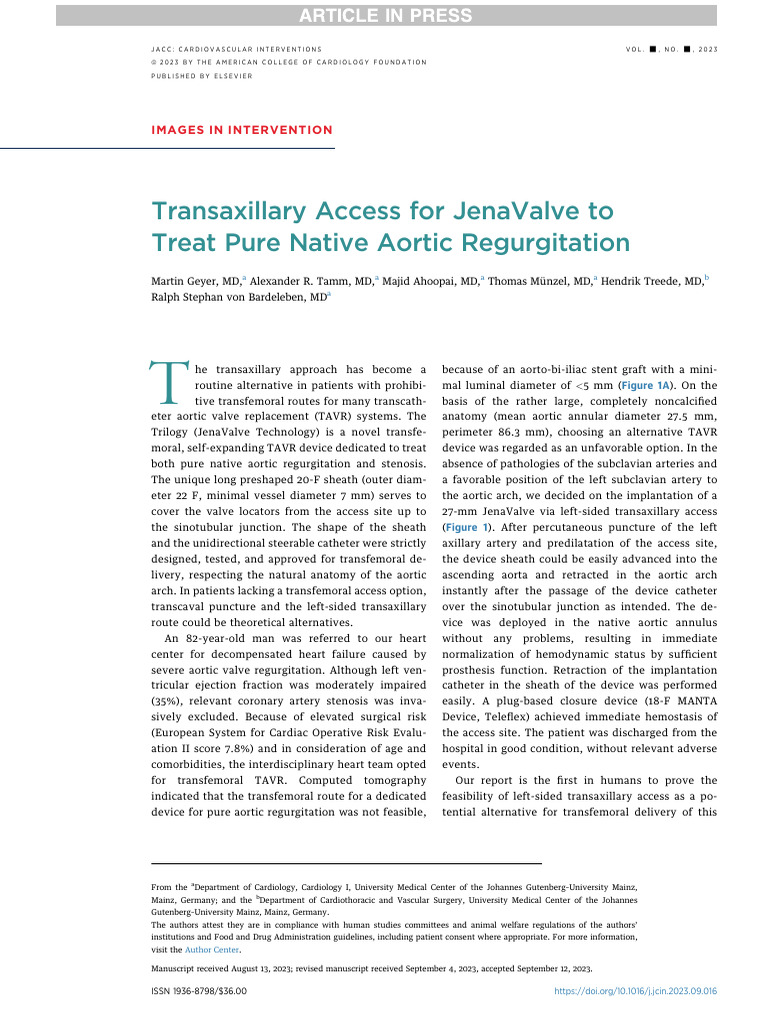Transaxillary JenaValve To Treat Pure Native Aortic Regurgitation | PDF ...