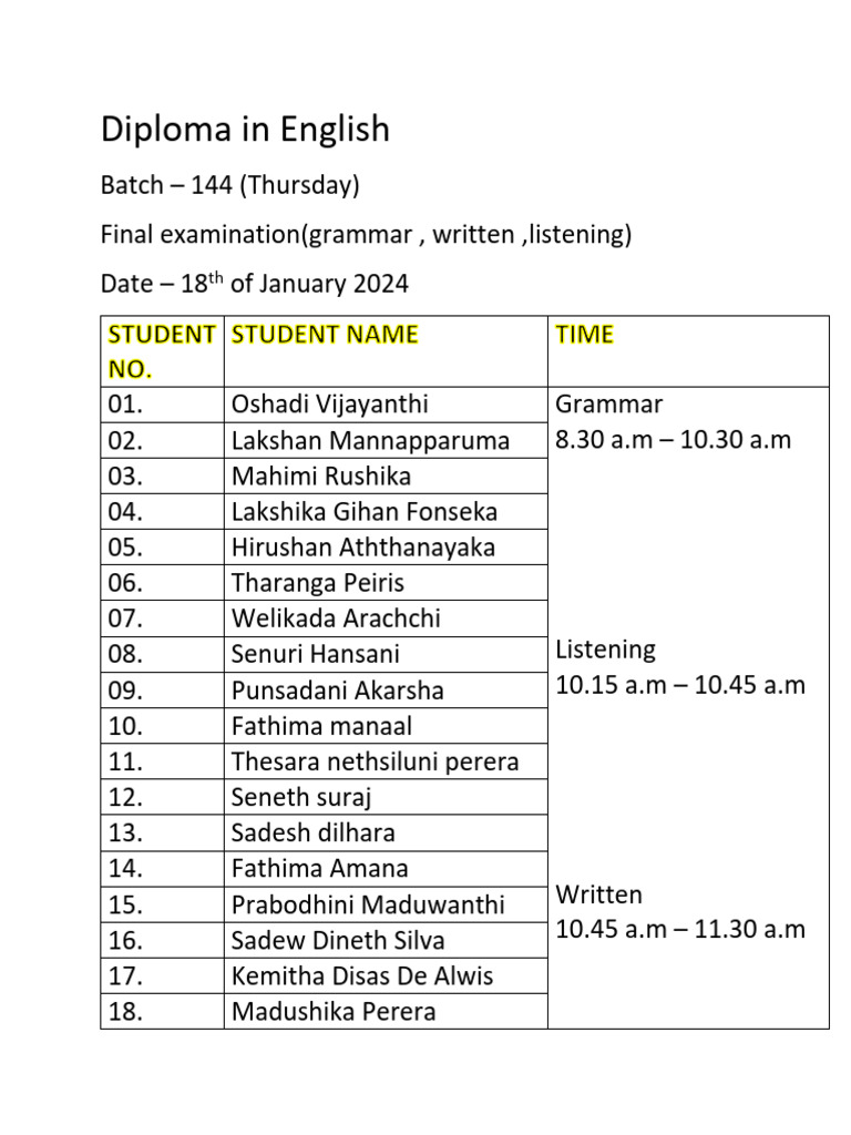 English Diploma Exam Schedule 2024 | PDF