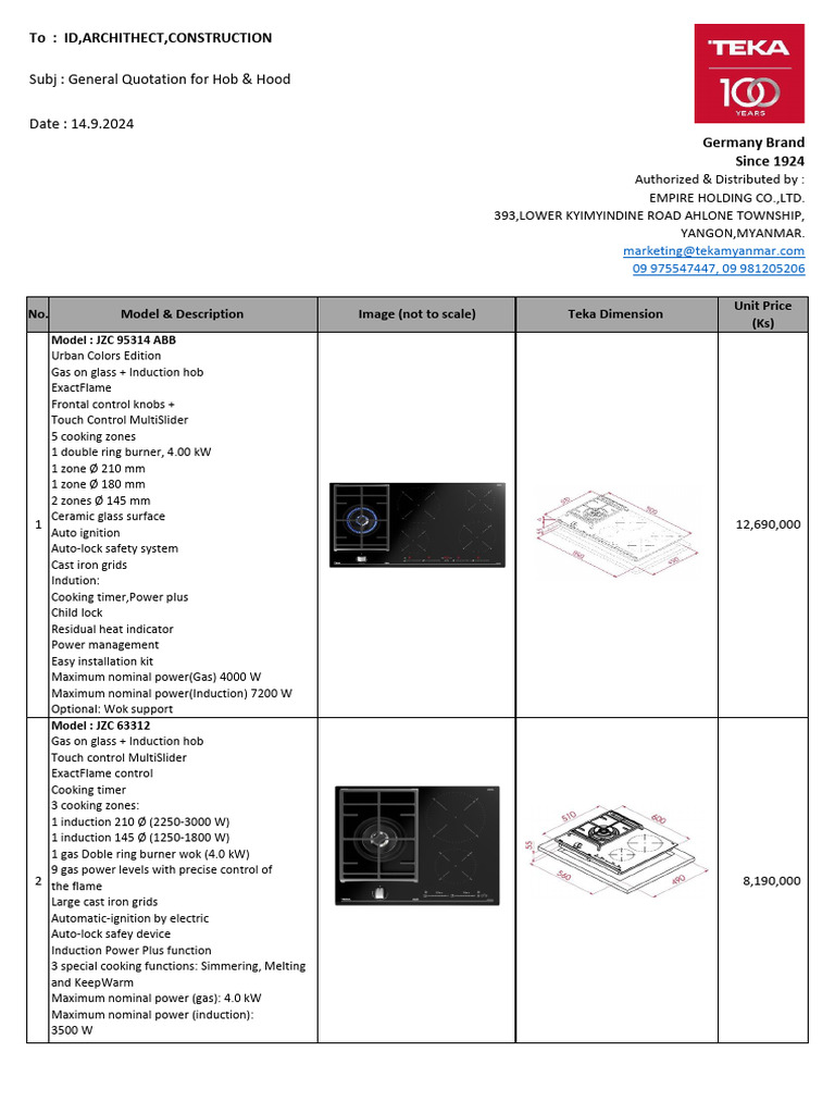 Teka Hob & Hood General Quotation | PDF | Kitchen Stove | Barbecue Grill