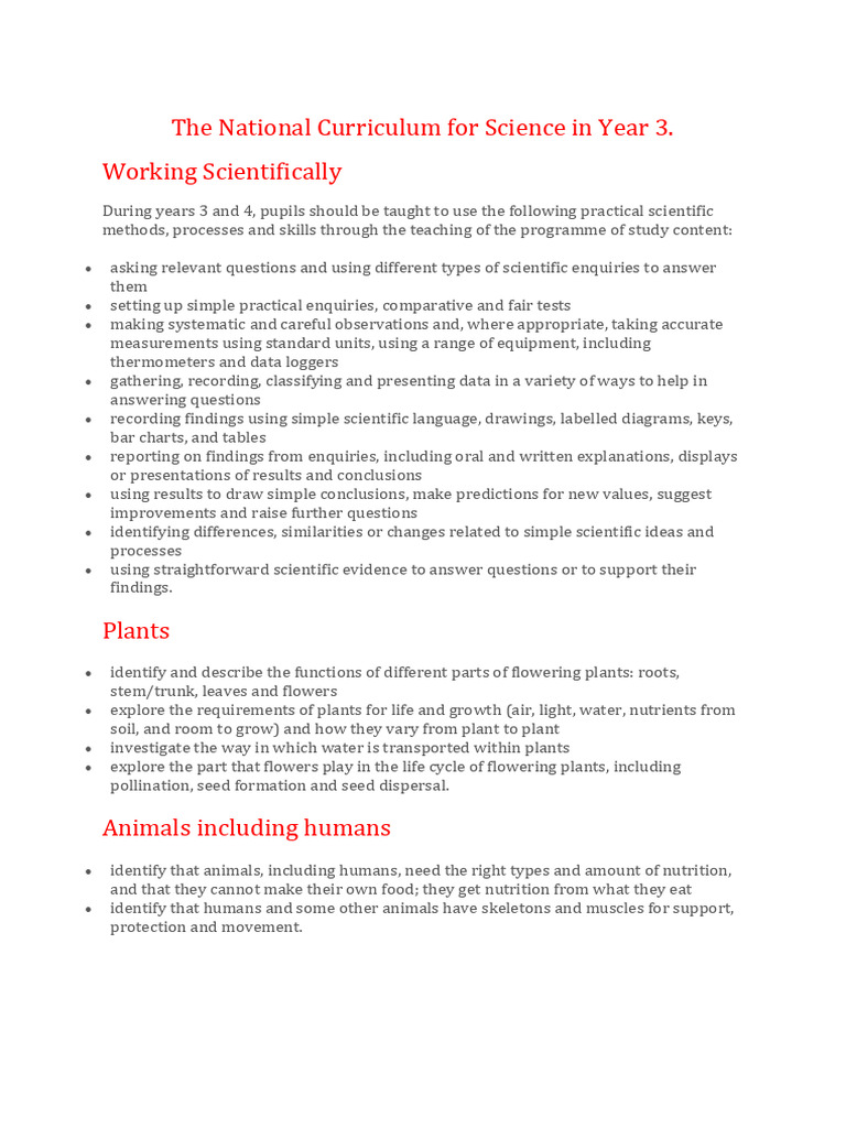 The National Curriculum For Science in Year 3. Working Scientifically ...