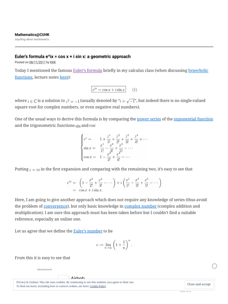 Euler's Formula e Ix Cos X + I Sin X - A Geometric Approach - Mathematics@CUHK | PDF ...