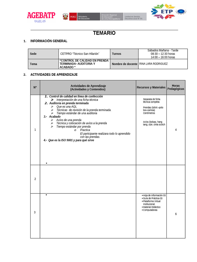Formato para Elaborar Temario Temario - Agebatp Ugel 05 2024 | PDF | Aprendizaje | Enseñando