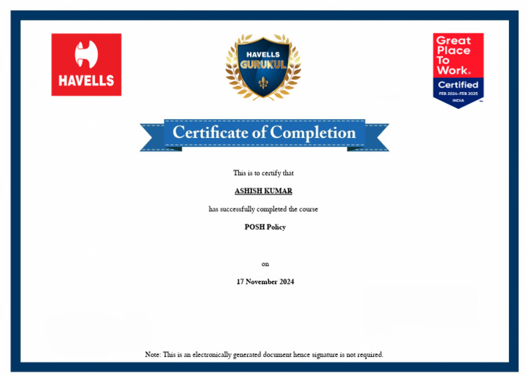 Posh Policy Havells (Nirbhaya Policy) - Certificate 18922 | PDF