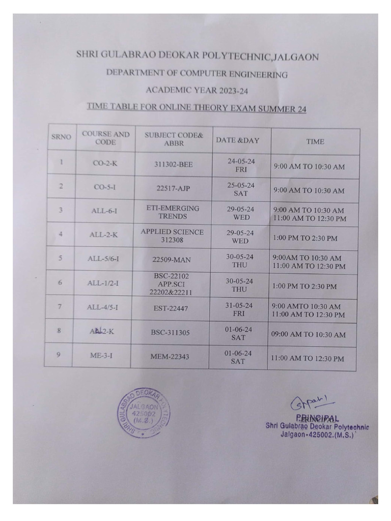 Time Table Online Theory Exam s-24 | PDF