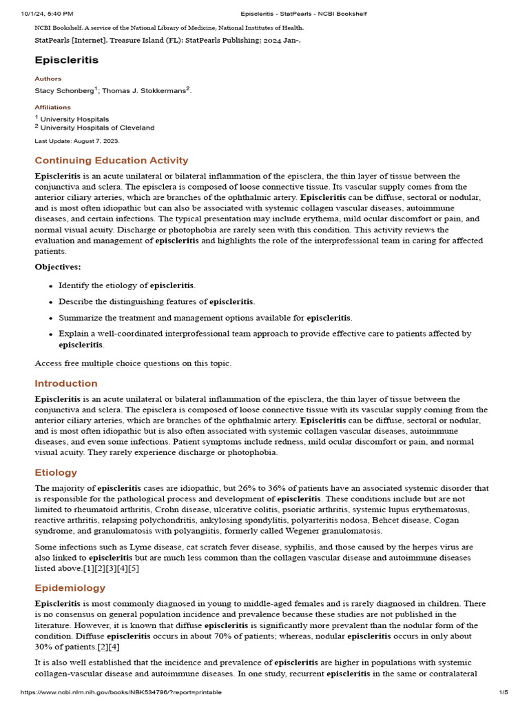 Episcleritis - StatPearls - NCBI Bookshelf | PDF | Medical Specialties | Clinical Medicine