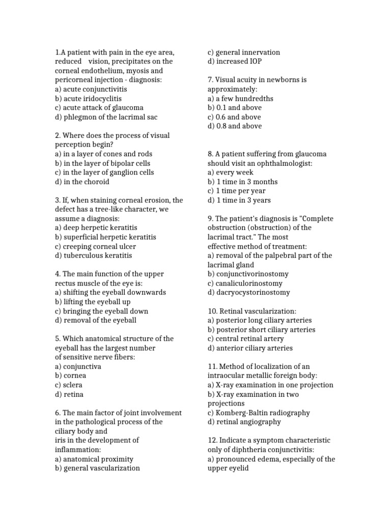 MCQ Ophthalmology без ответов 2024 я | PDF | Glaucoma | Retina