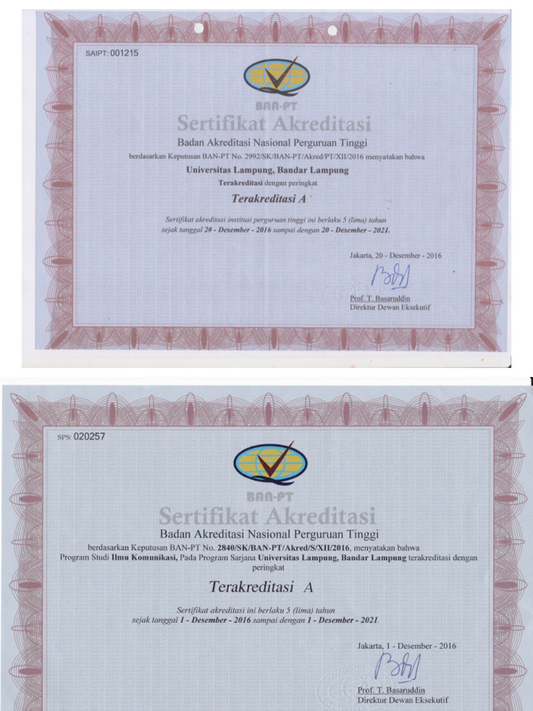 Sertifikat Akreditasi Unila & Kom | PDF