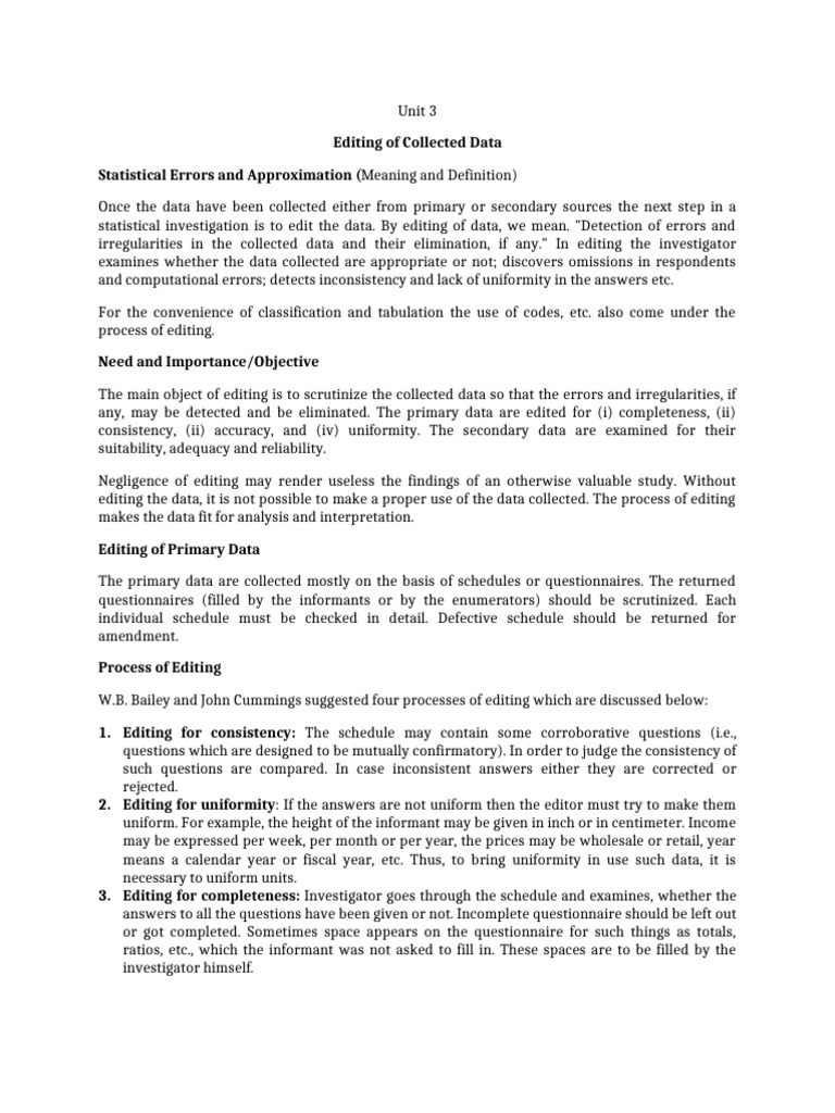Unit 3a. Editing of Collected Data | PDF | Statistics | Sampling ...