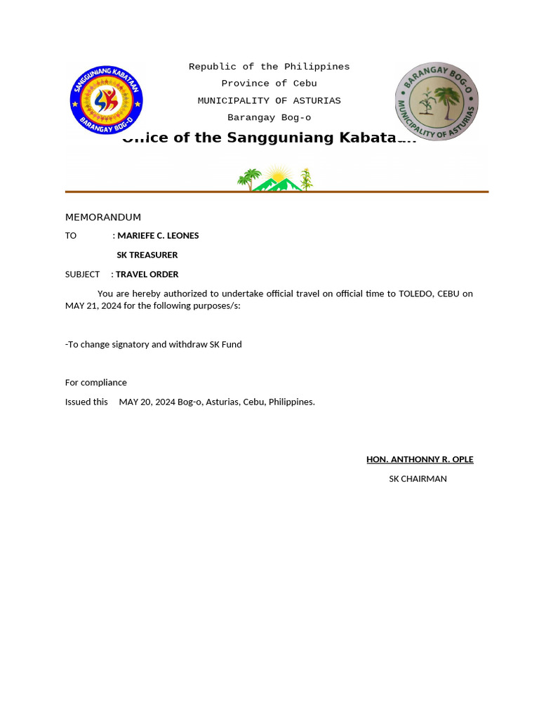 1 Travel-Order From SK Chairman | PDF