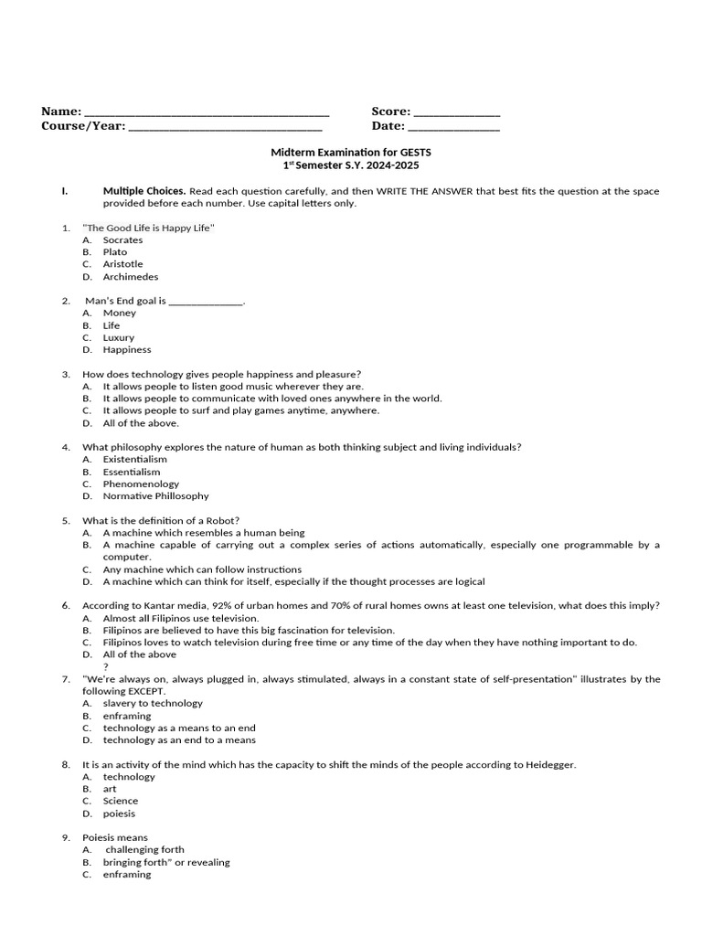 GESTS Midterm Exam 1st Semester 2024-2025 | PDF