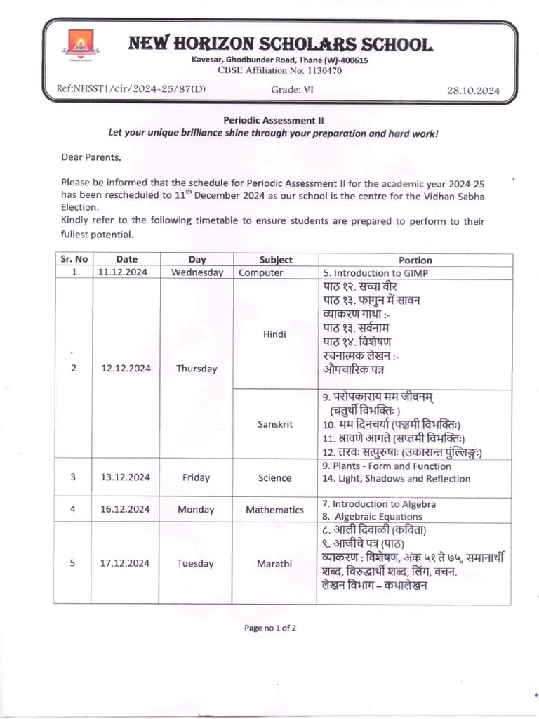 Circular No 87D - Grade VI - Timetable and Portion For PA II | PDF