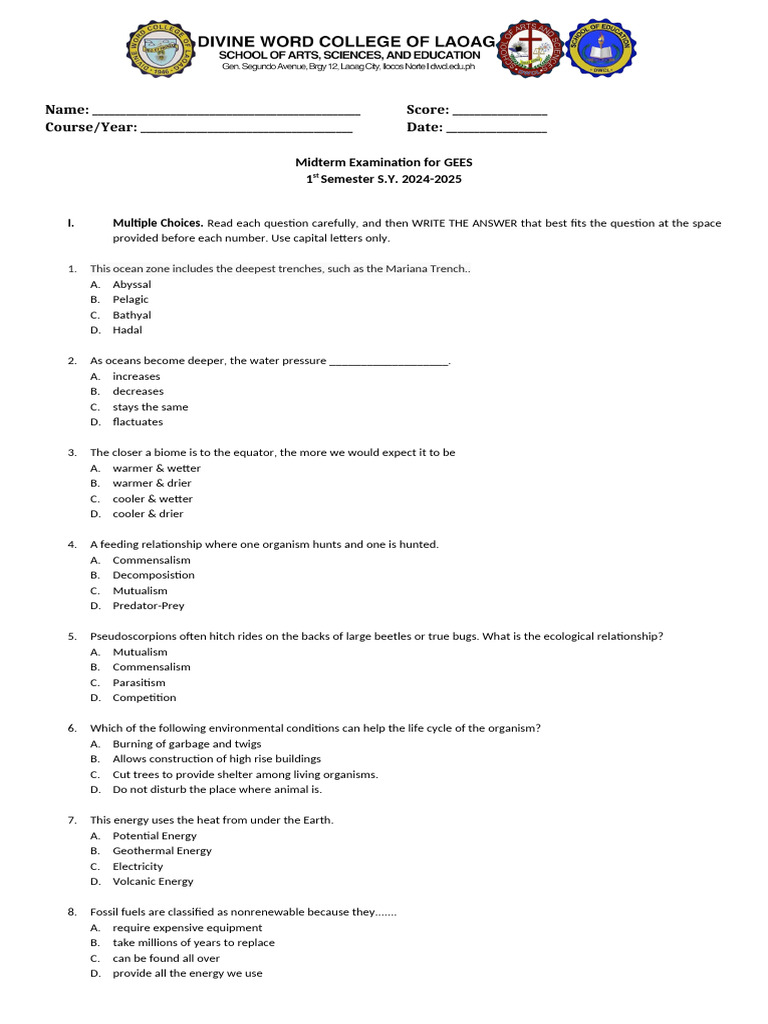 Midterm Examination On GEES | PDF | Natural Environment | Oceans