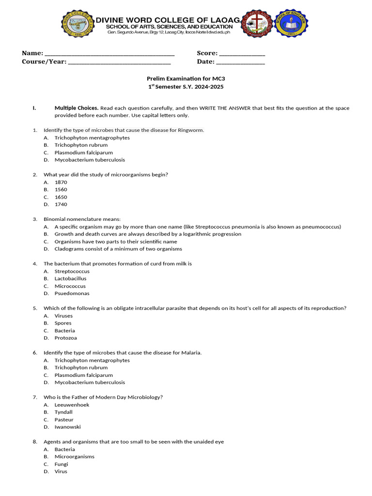 Prelim Examination On MC3 | PDF | Microorganism | Microbiology