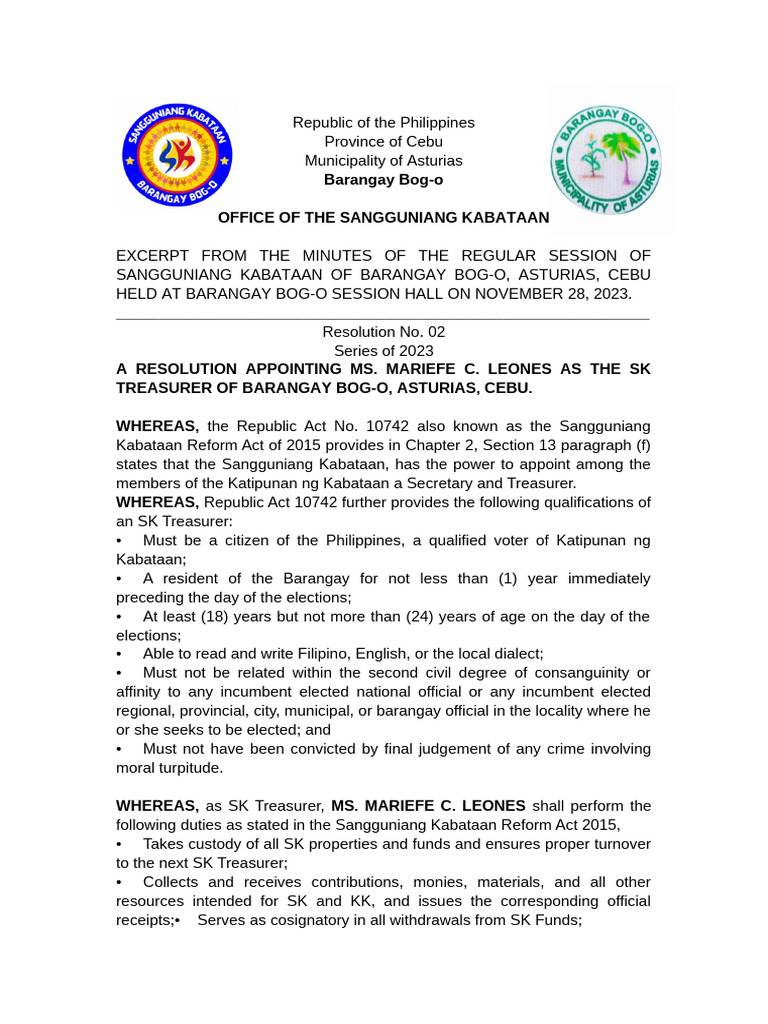 SK-BOG-O-Resolution - No.-2-Appointing-SK-Secretary-Treasurer | PDF ...