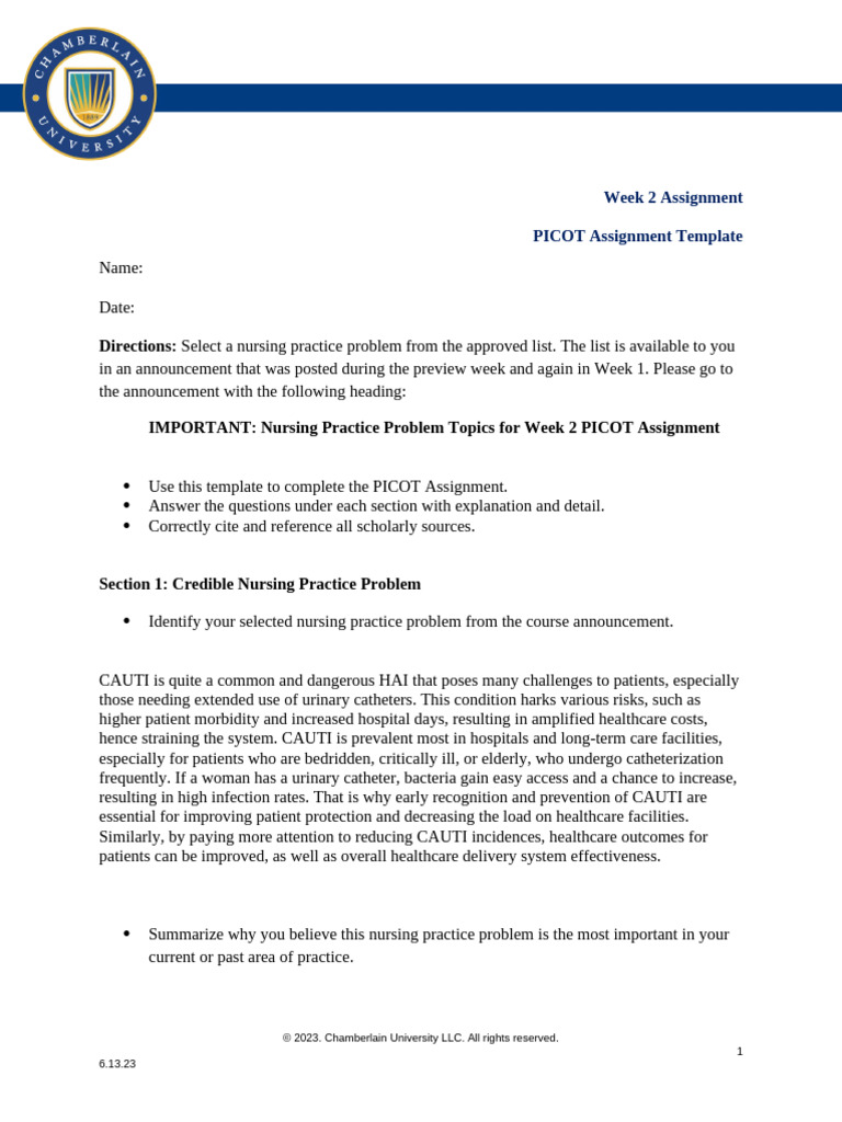 NR439 W2 PICOT Assignment Template | PDF | Health Care | Medicine