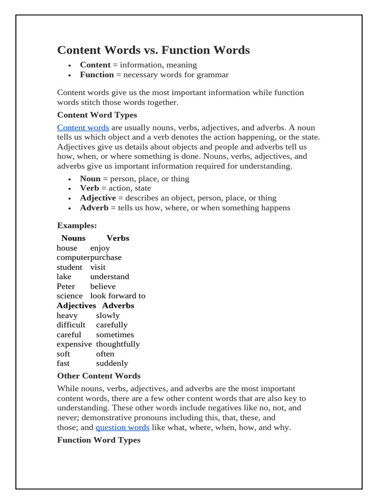 Content vs. Function Words Explained | PDF | Adverb | Verb