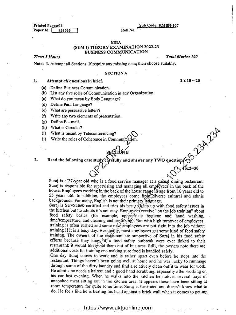 Mba 1 Sem Business Communication KMBN 107 Apr 2023 | PDF