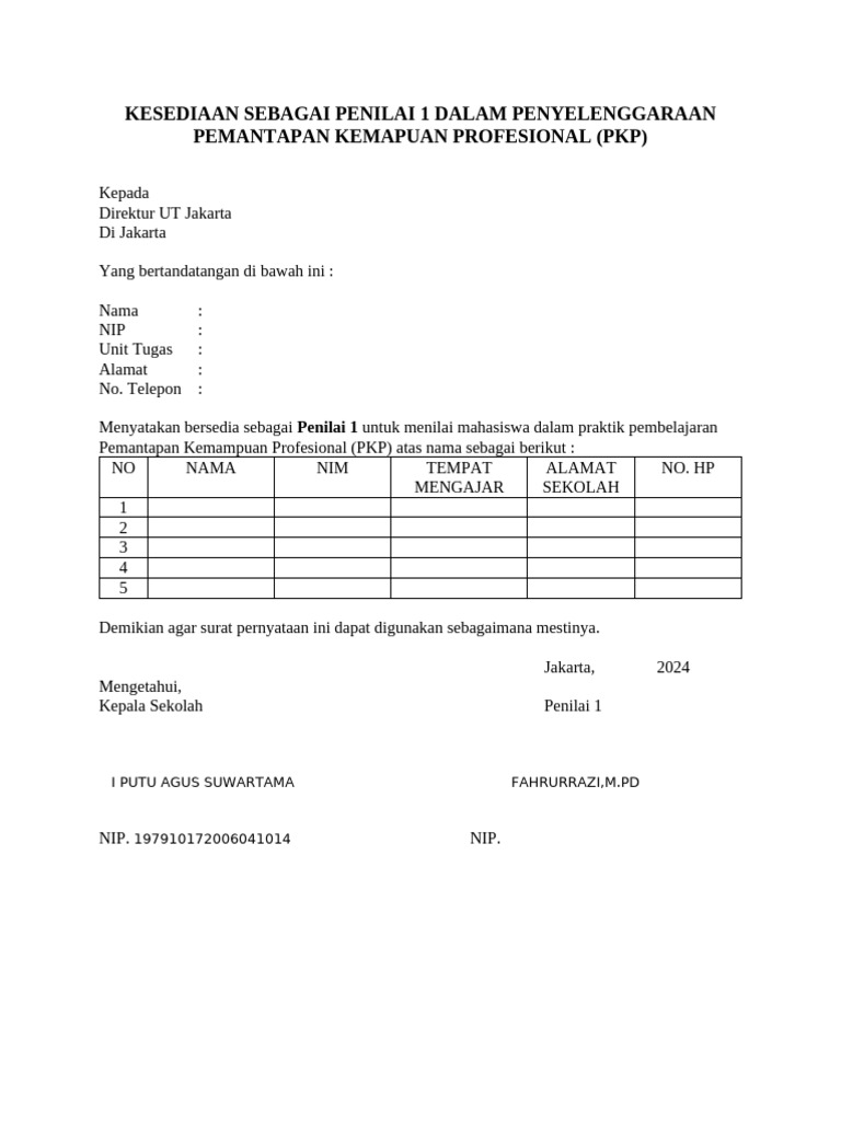 PKP - Form Surat Kesediaan Penilai 1 Dan 2 | PDF