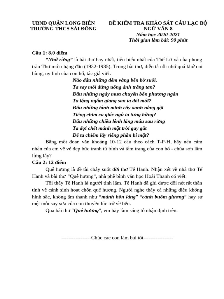 De Kiem Tra Khao Sat Cau Lac Bo Ngu Van 8 1 - 07042021 | PDF