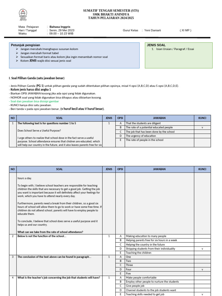 STS Bahasa Inggris XI SMK 2024/2025 | PDF