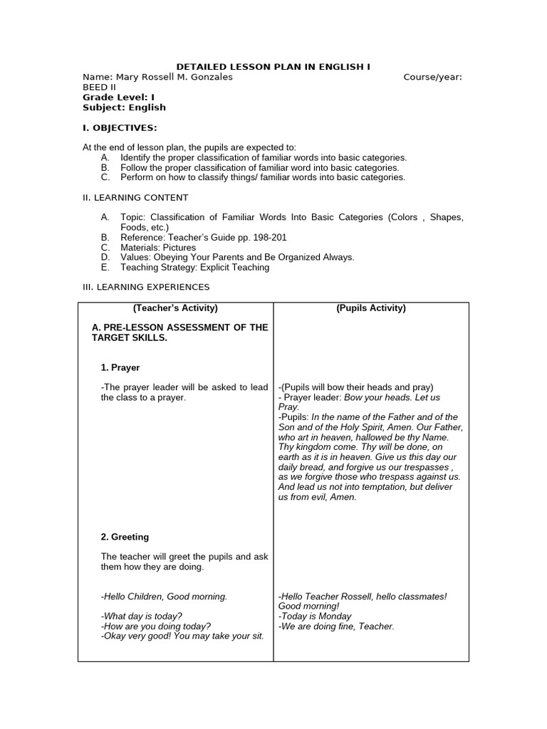 Lesson Plan: Classifying Familiar Words | PDF | Lord's Prayer | Lesson Plan