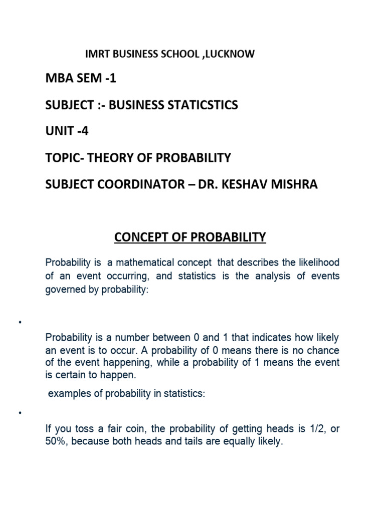Mba ' Notes Theory of Probabilities in Business Statistics PDF | PDF ...