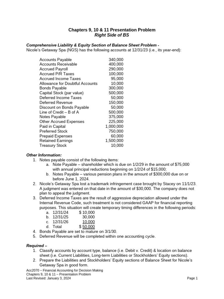 Chapters 9, 10 & 11 - Presentation Problem - Liab. & Equity Section of ...