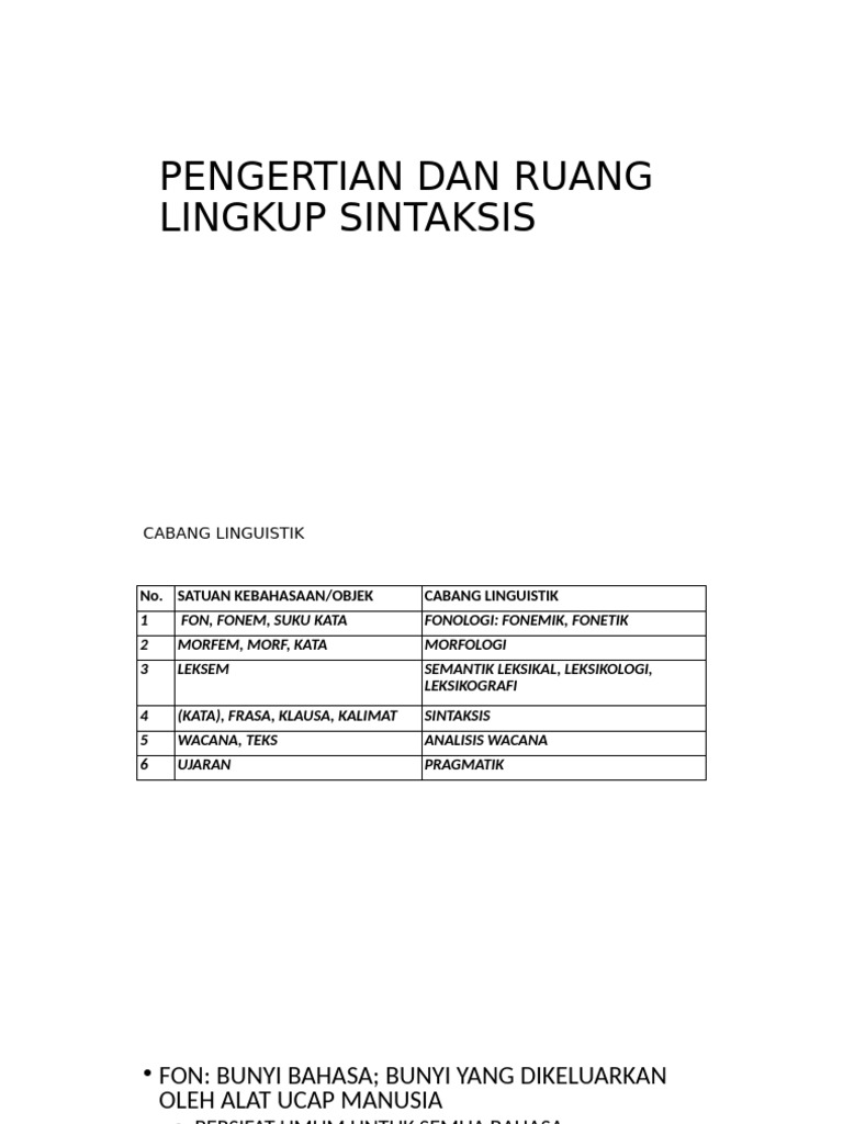 Pengertian Dan Ruang Lingkup Sintaksis | PDF