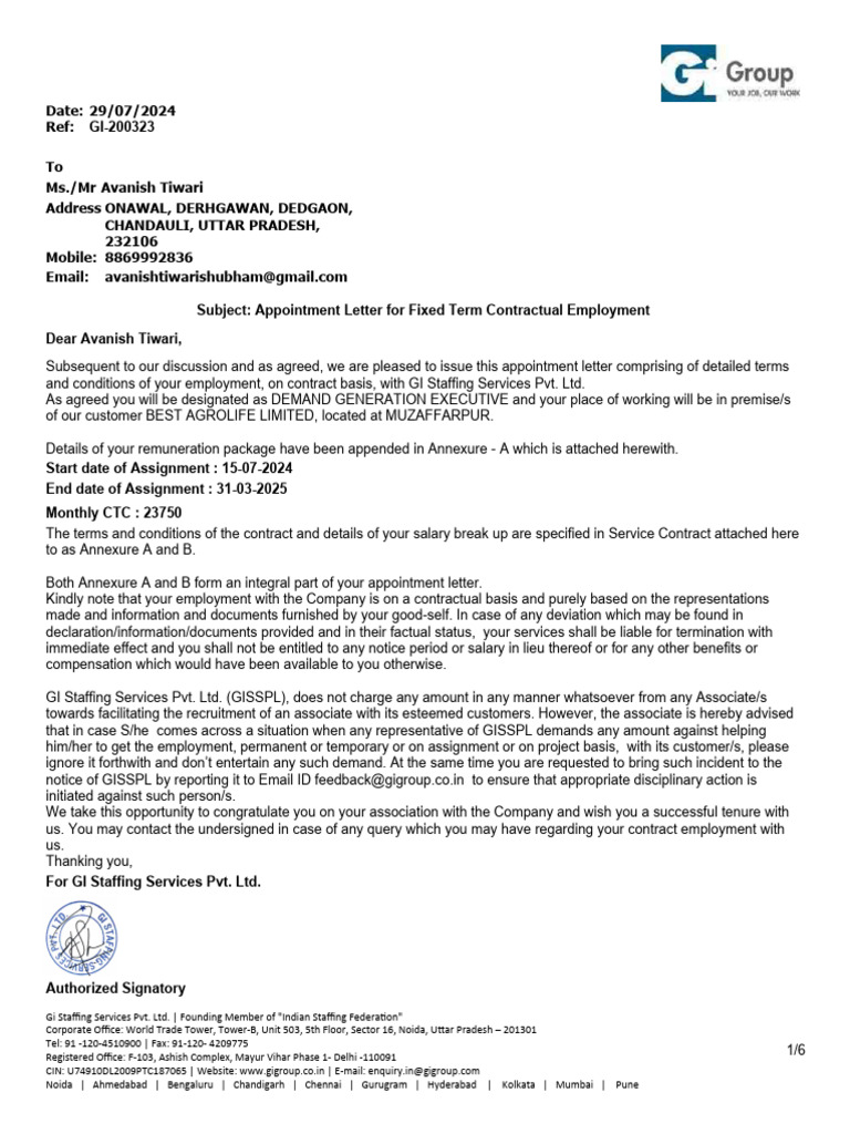 Appointment Letter: Demand Generation Executive | PDF | Employment | Salary